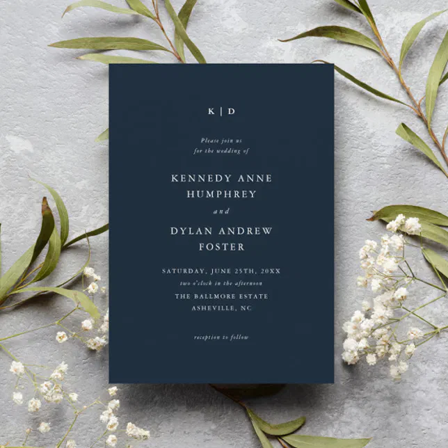 Simple Elegant Navy Blue Wedding Invitation | Zazzle