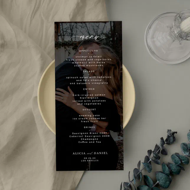 Simple elegant photo black wedding menu | Zazzle