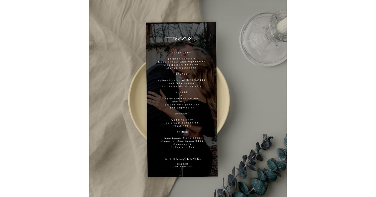 Simple elegant photo black wedding menu | Zazzle