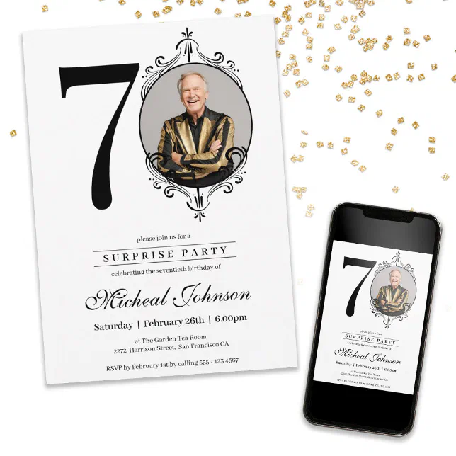 Simple Elegant Photo Surprise 70th Birthday Party Invitation | Zazzle