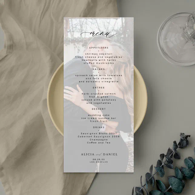 Simple elegant photo wedding menu | Zazzle