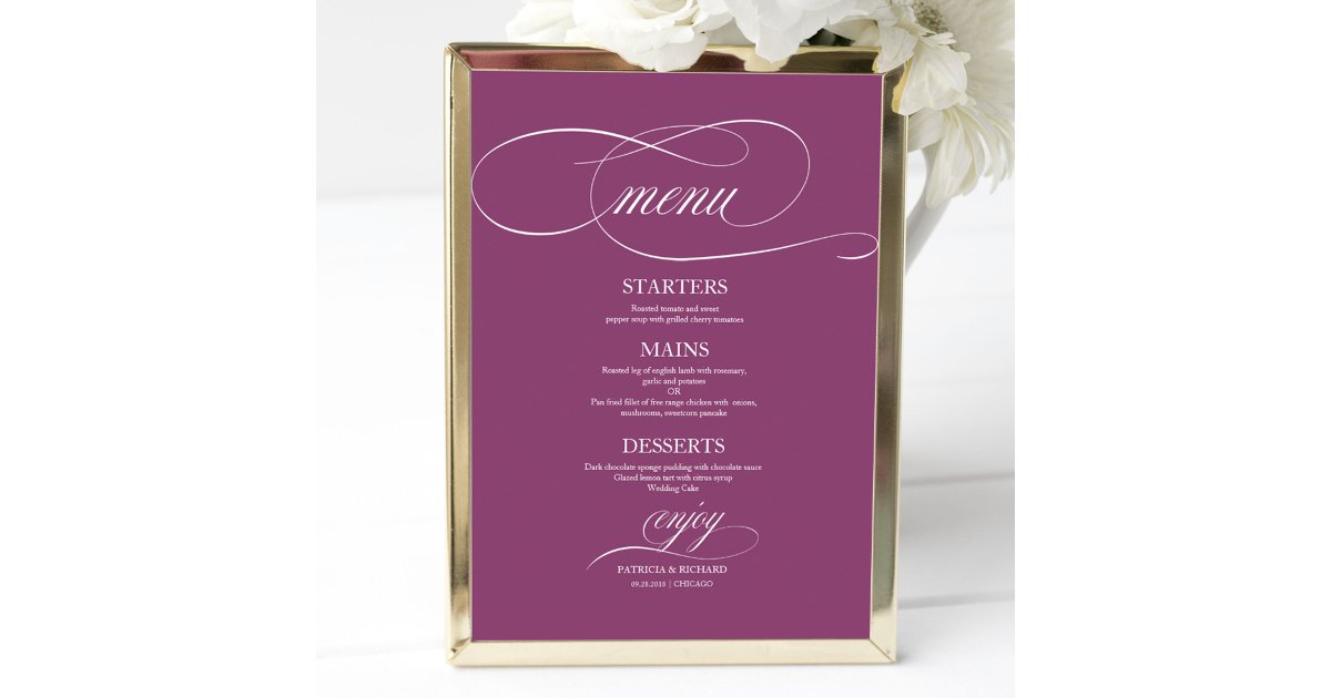 Simple Elegant Pink Cassis Wedding Menu Sign | Zazzle