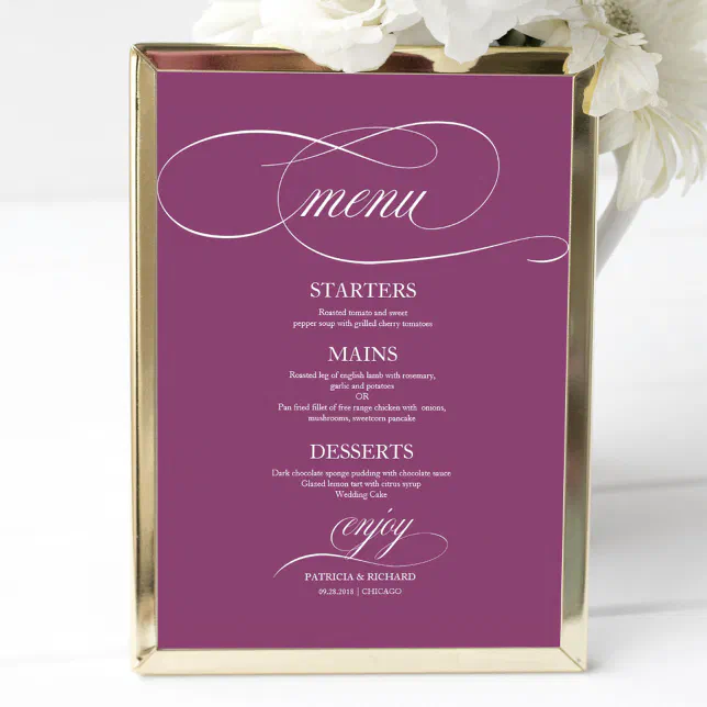 Simple Elegant Pink Cassis Wedding Menu Sign | Zazzle