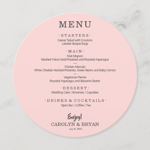 Simple Elegant Pink Round Wedding Dinner Menu | Zazzle