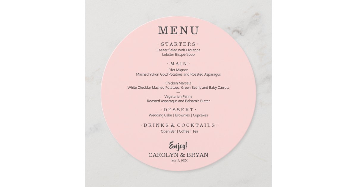 Simple Elegant Pink Round Wedding Dinner Menu | Zazzle.com