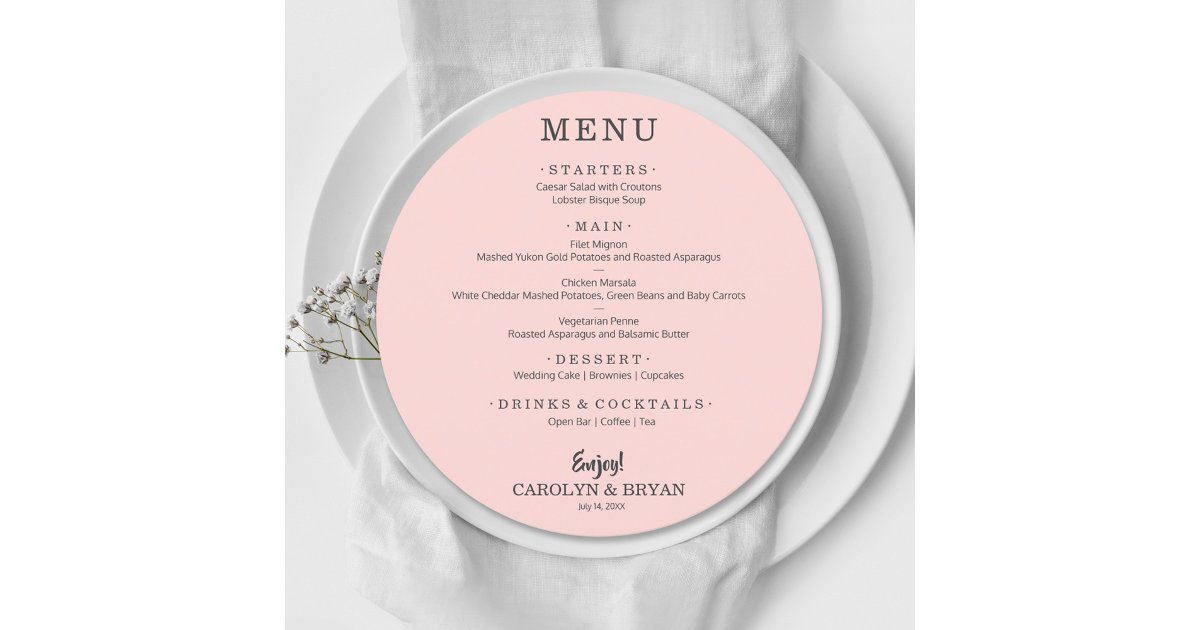 Simple Elegant Pink Round Wedding Dinner Menu | Zazzle