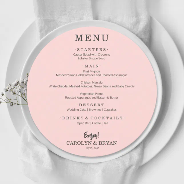 Simple Elegant Pink Round Wedding Dinner Menu | Zazzle