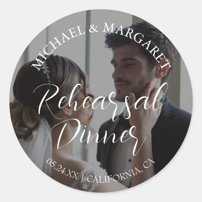 Simple Elegant Rehearsal Dinner Wedding Photo Classic Round Sticker ...