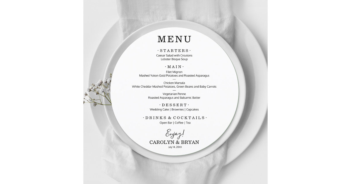 Simple Elegant Round White Wedding Dinner Menu | Zazzle