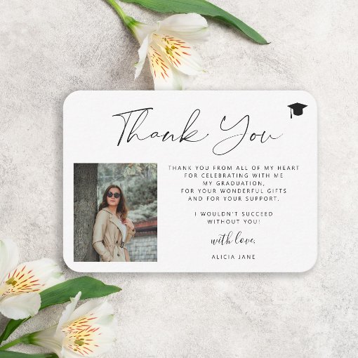 Simple elegant script 2 photo graduation thank you note card | Zazzle