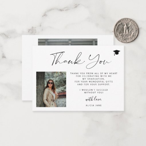 Simple elegant script 2 photo graduation thank you note card | Zazzle