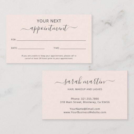 Simple Elegant Script Beauty Salon Blush Pink Appointment Card | Zazzle