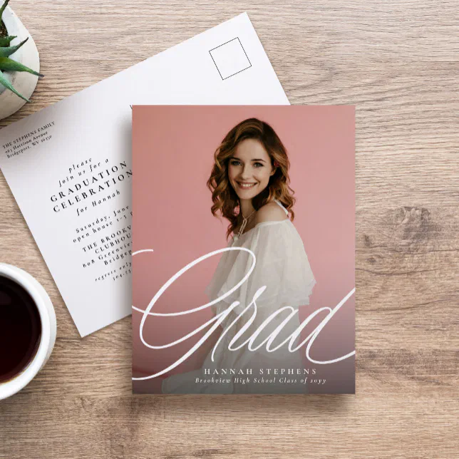 Simple elegant script grad one photo graduation postcard | Zazzle