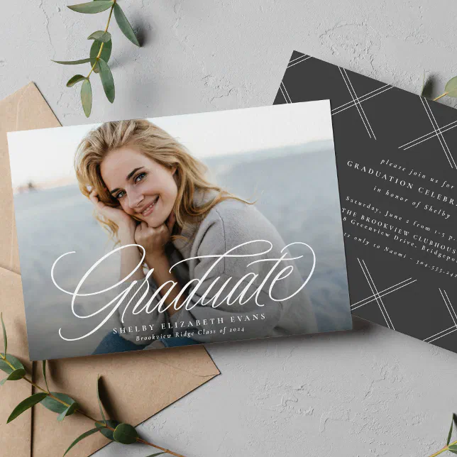 Simple elegant script graduate photo graduation invitation | Zazzle