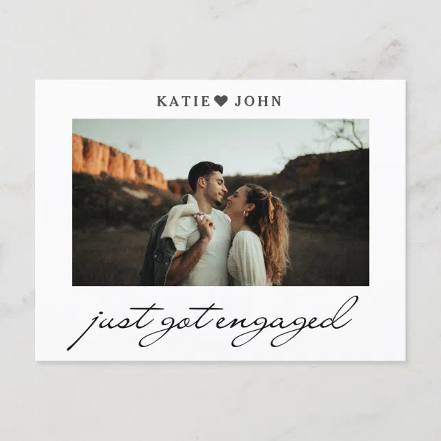Simple Elegant Script Just Got Engaged Photo Announcement Postcard | Zazzle