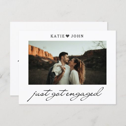 Simple Elegant Script Just Got Engaged Photo Announcement Postcard | Zazzle
