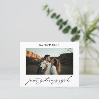 Simple Elegant Script Just Got Engaged Photo Announcement Postcard | Zazzle