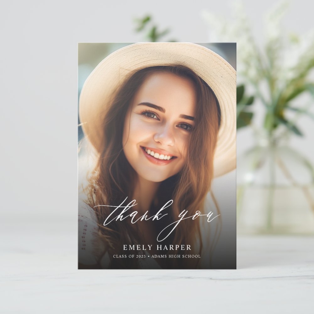 Simple Elegant Script Overlay Two Photo Graduation Thank You Card