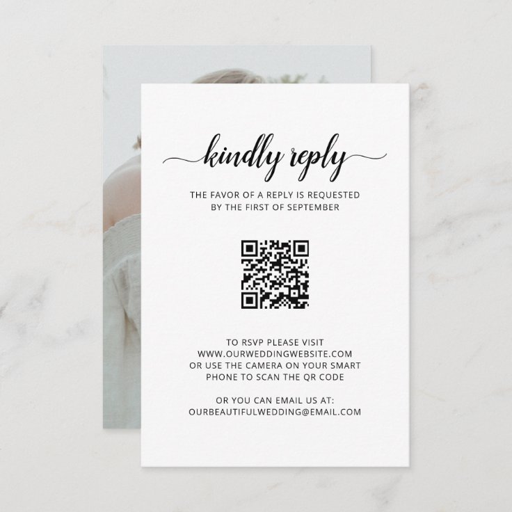 Simple Elegant Script Photo QR Code Wedding RSVP Card | Zazzle