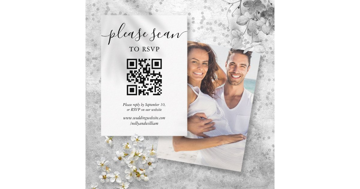 Simple Elegant Script Wedding RSVP QR Code Photo Enclosure Card | Zazzle