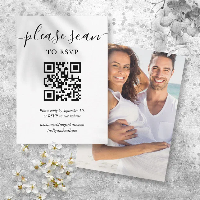 Simple Elegant Script Wedding RSVP QR Code Photo Enclosure Card | Zazzle