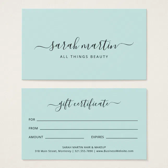 Simple Elegant Teal Turquoise Gift Certificate | Zazzle