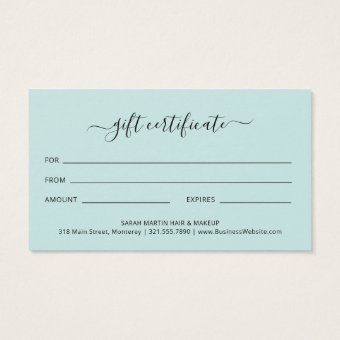 Simple Elegant Teal Turquoise Gift Certificate | Zazzle