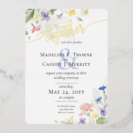 Simple Elegant Watercolor Wildflowers Boho Wedding Foil Invitation | Zazzle