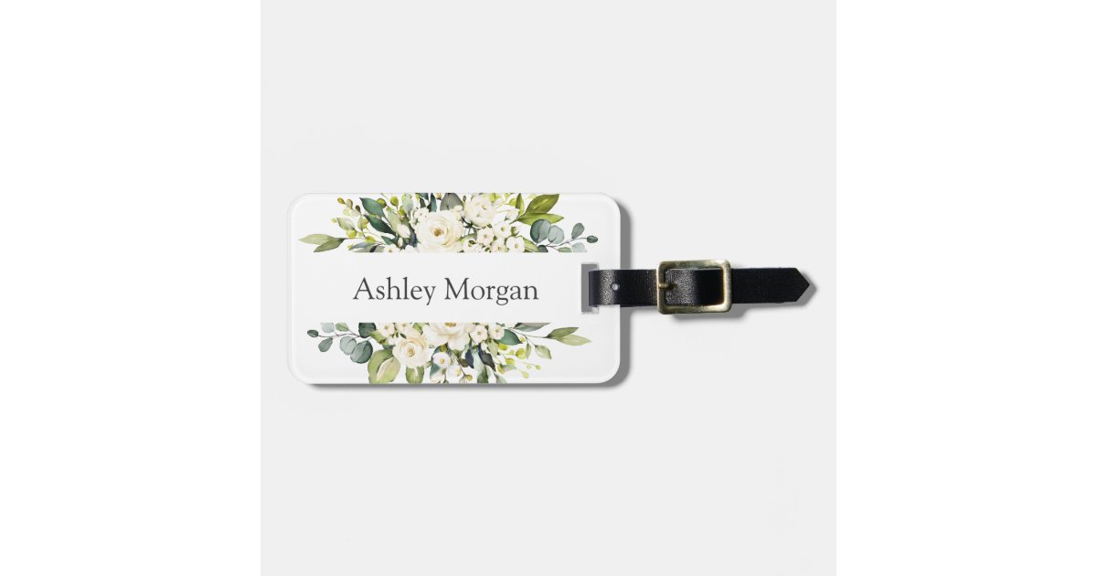 Simple Elegant White Rose Greenery Floral Luggage Tag | Zazzle