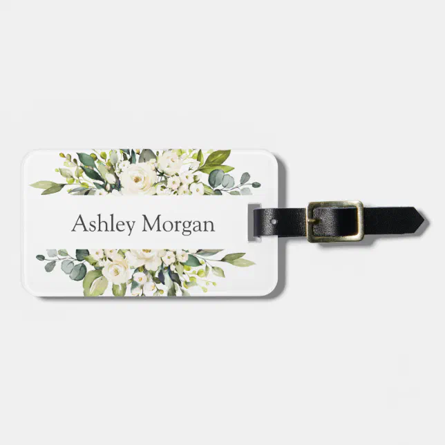 Simple Elegant White Rose Greenery Floral Luggage Tag | Zazzle
