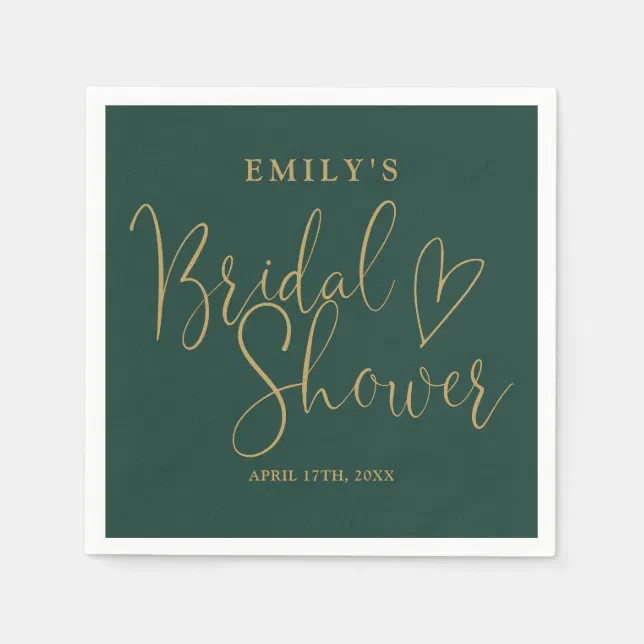 Simple Emerald Green and Gold Script Bridal Shower Napkins | Zazzle