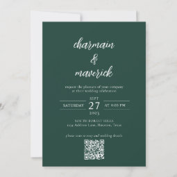 Simple Emerald Green Script Photo QR Code Wedding Invitation | Zazzle