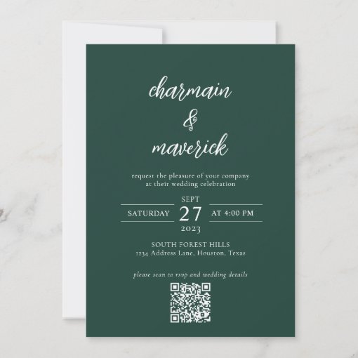 Simple Emerald Green Script Photo QR Code Wedding Invitation | Zazzle