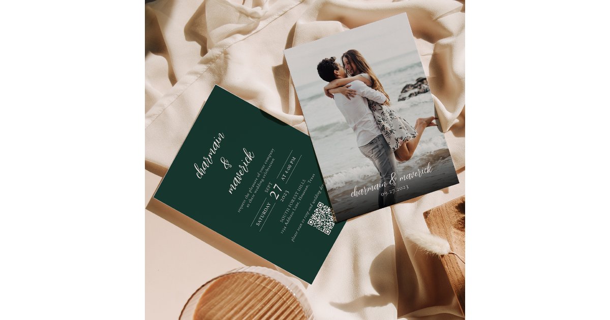 Simple Emerald Green Script Photo QR Code Wedding Invitation | Zazzle