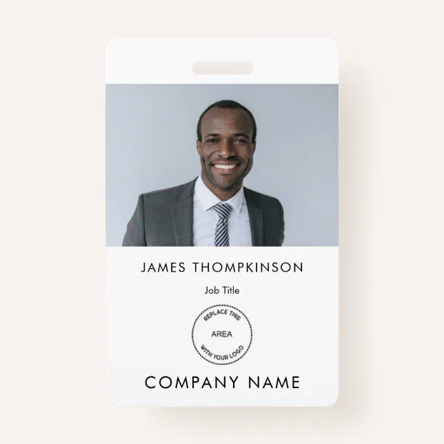 Simple Employee Photo ID Name Logo White Badge | Zazzle