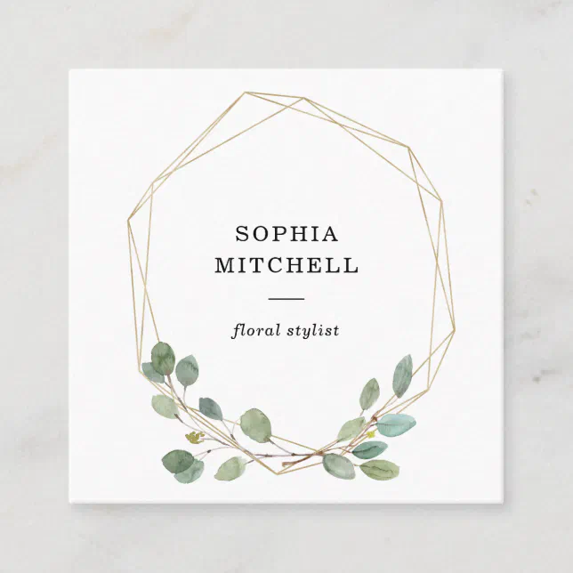 Simple Eucalyptus Greenery | Gold Geometric Square Business Card | Zazzle