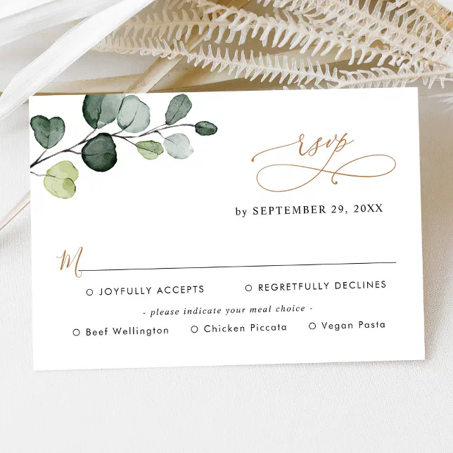 Simple Eucalyptus Greenery Gold Meal Options RSVP Card | Zazzle