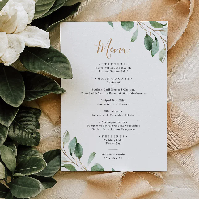 Simple Eucalyptus Greenery Wedding Menu Card | Zazzle