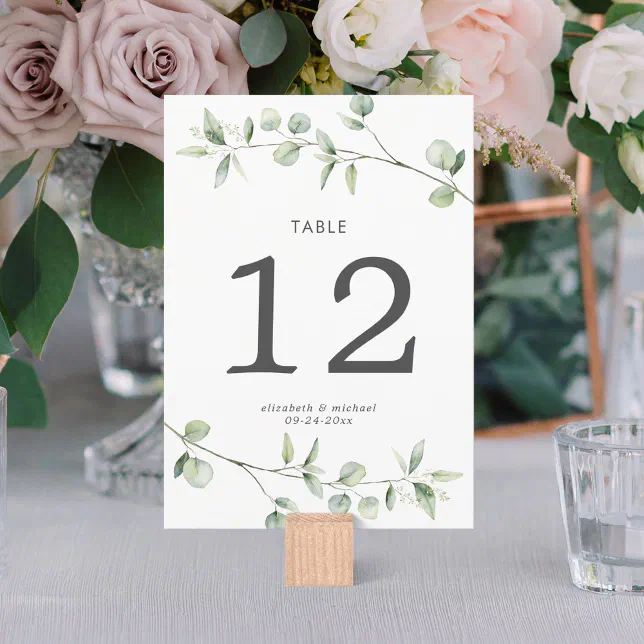 Simple Eucalyptus Large Wedding Table Number | Zazzle
