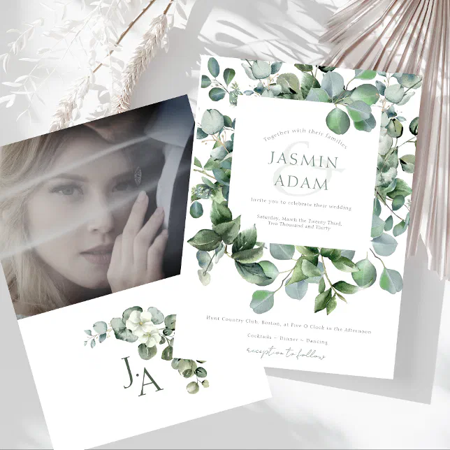 Simple Eucalyptus Leaves Greenery Photo Wedding Invitation | Zazzle