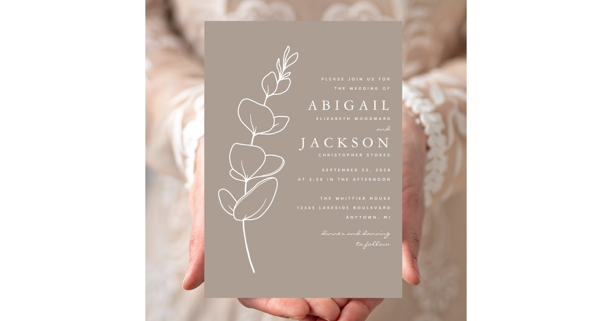 Simple Eucalyptus Line Drawing Taupe Wedding Invitation | Zazzle