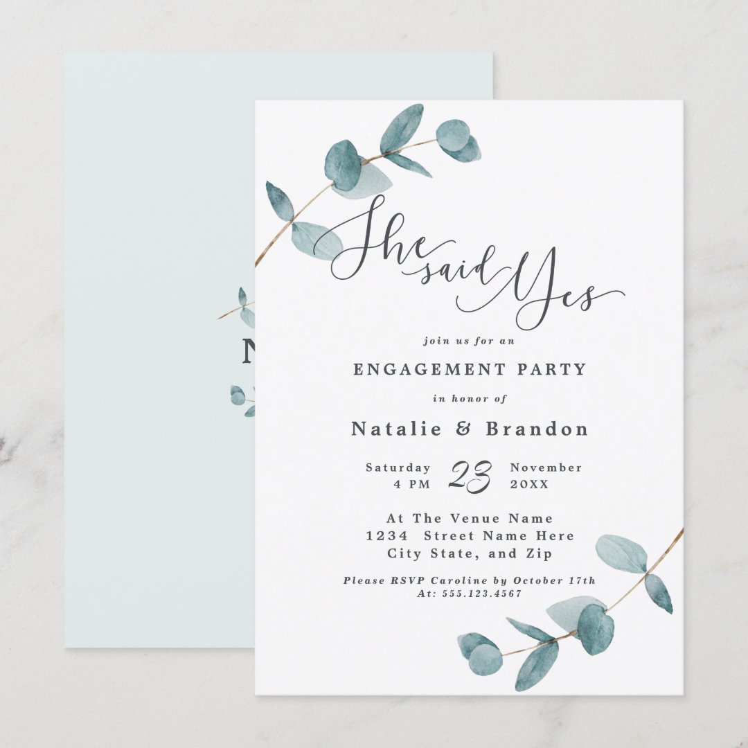 Simple Eucalyptus She Said Yes Engagement Party Invitation | Zazzle