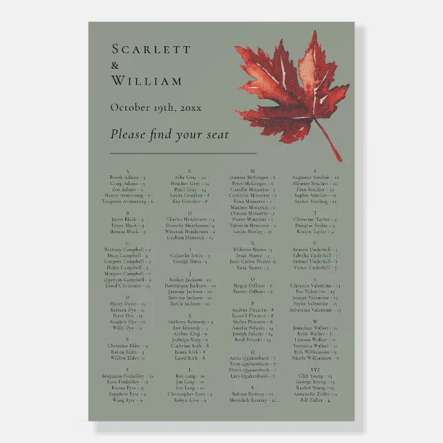 Simple Fall Sage Green Wedding Seating Chart Sign | Zazzle
