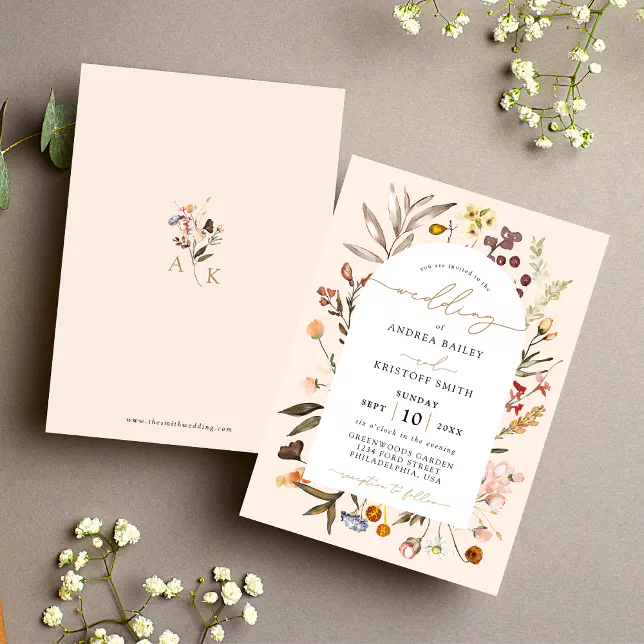 Simple Fall Wildflower Boho Garden Arch Wedding Invitation | Zazzle