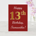 Simple Faux Gold 13th Birthday + Custom Name Card | Zazzle