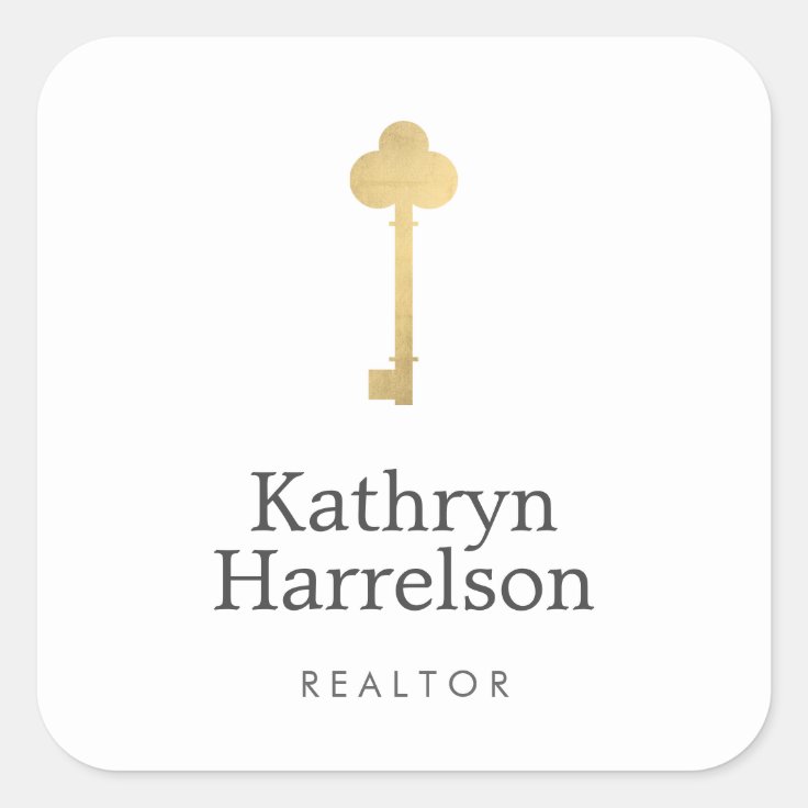 Simple Faux Gold Key Realtor Logo Square Sticker | Zazzle
