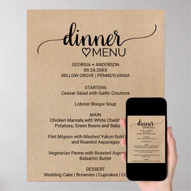 Simple Faux Kraft Calligraphy Dinner Menu Sign | Zazzle