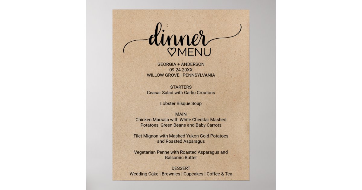 Simple Faux Kraft Calligraphy Dinner Menu Sign | Zazzle