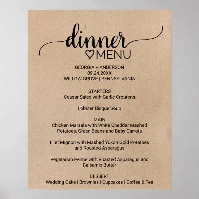 Simple Faux Kraft Calligraphy Dinner Menu Sign | Zazzle