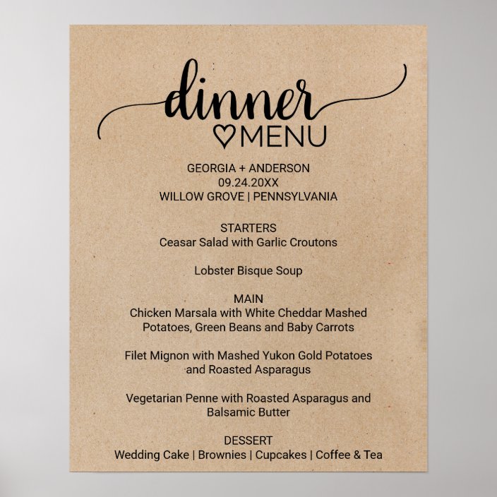 Simple Faux Kraft Calligraphy Dinner Menu Sign | Zazzle.com